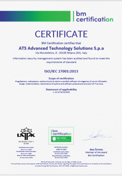 Certifications | ATS - Advanced Technology Solutions S.p.A.